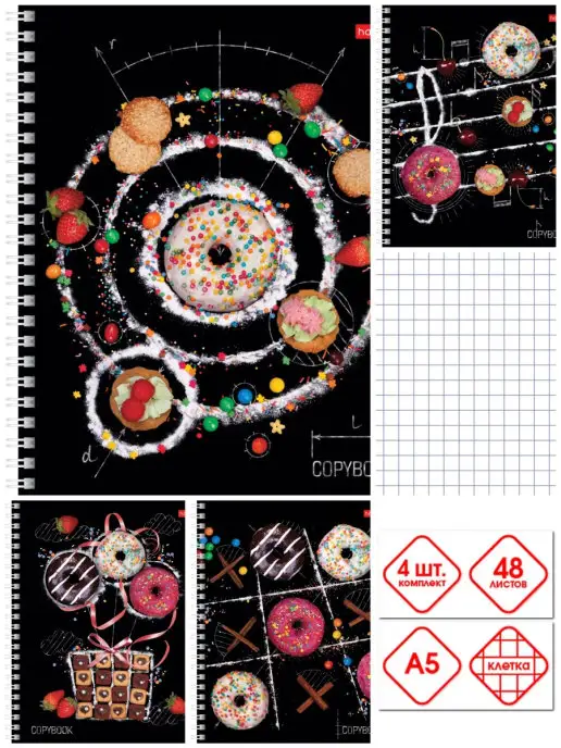 Тетрадь 48 листов клетка А5 4 диз. 4 шт Hatber